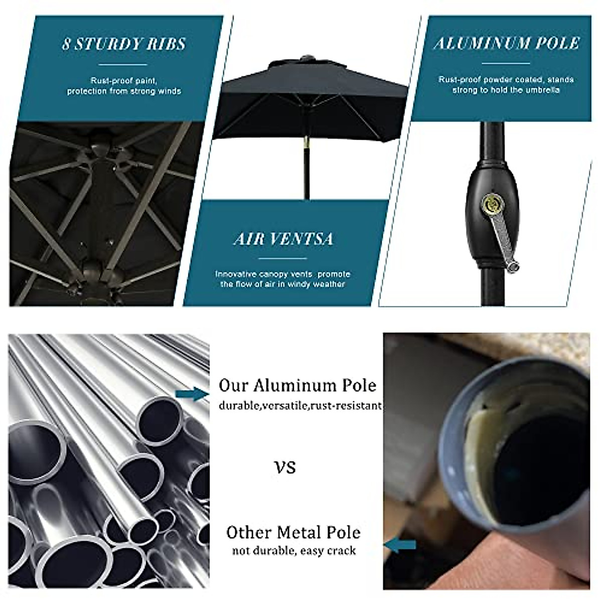 Aok Garden 6.5×10Ft Rectangular patio umbrella Outdoor table umbrella tilt with Push Button and Crank for Deck Pool Market, Navy Blue