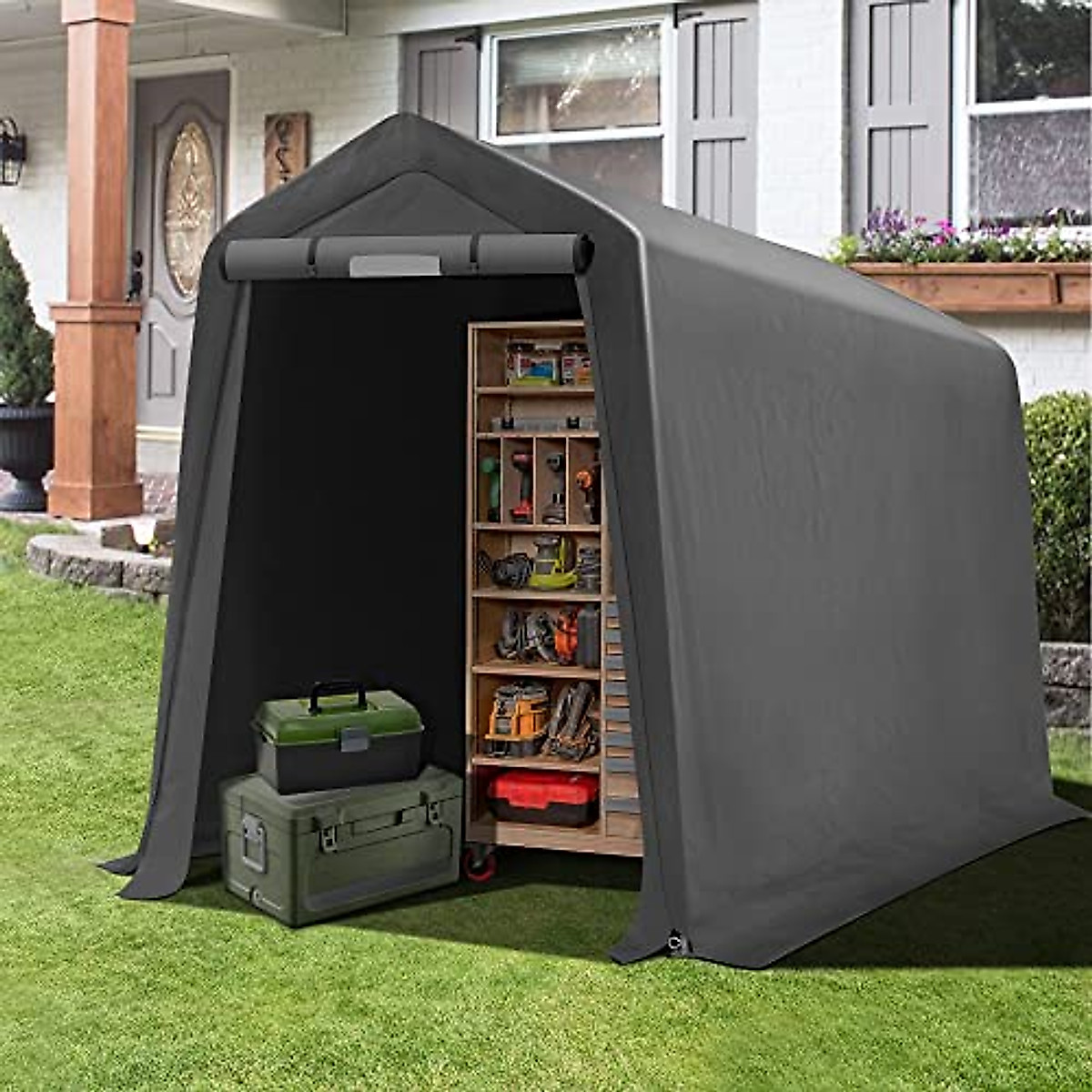 GARTOO 6' x 7' Storage Shelter - Outdoor Portable Shed with Roll-up Ventilated Windows, Heavy Duty Zipper Storage shed for Bike, ATV, Motorcycle Shelter, Gray