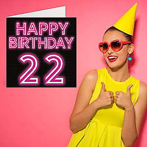 Fun 22nd Birthday Cards for Men Woman - Neon Glow - Happy Birthday Card for Son Daughter Brother Sister Grandson Granddaughter Niece Nephew Uncle, 5.7 x 5.7 Inch Greeting Cards, 22nd Birthday Card