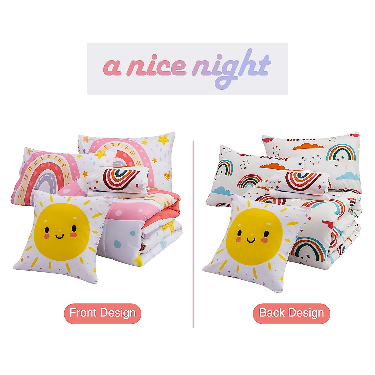 A Nice Night Bedding 6 Pcs Cartoon Rainbow Bedding Set with Smile Sun Printed for Boys Girls Bed Comforter Sets (White, Twin)