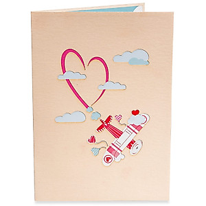 Paper Love 3D Pop Up Card, I Love You Biplane, For Valentines Day, Mothers Day, Birthday, All Occasions, Adult or Kids - 5" x 7" Cover - Includes Envelope and Note Tag