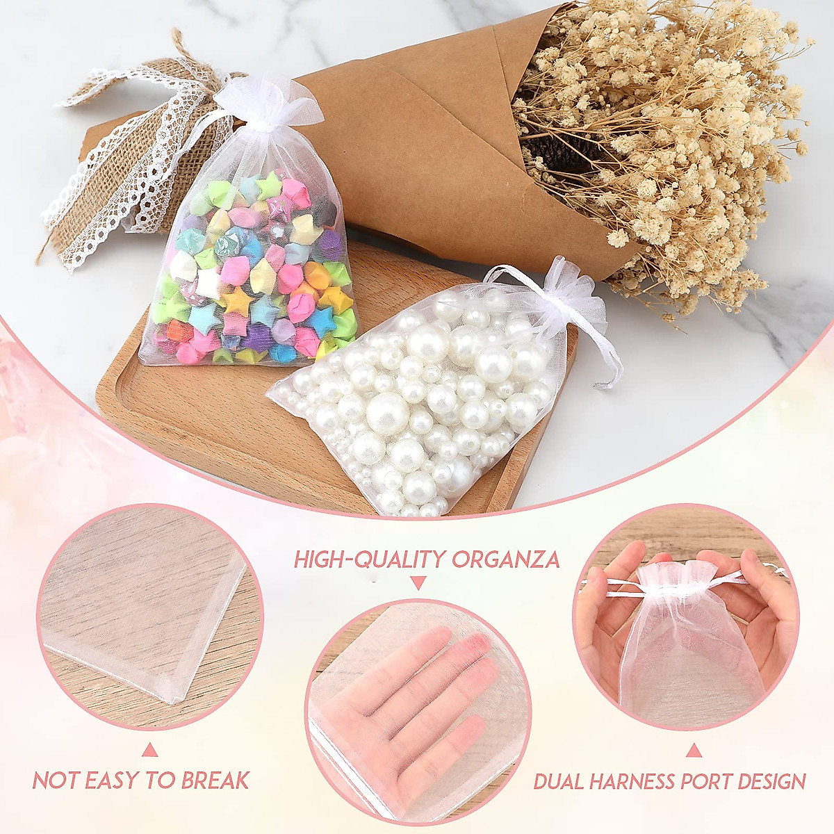 joycraft 50Pcs Organza Bags, 4x6 inch Gift Favor Bags, White Wedding Favor Bags, Jewelry Pouches with Drawstring, Mesh Bags Drawstring for Jewelry, Festival, Makeup, Candy, Desserts