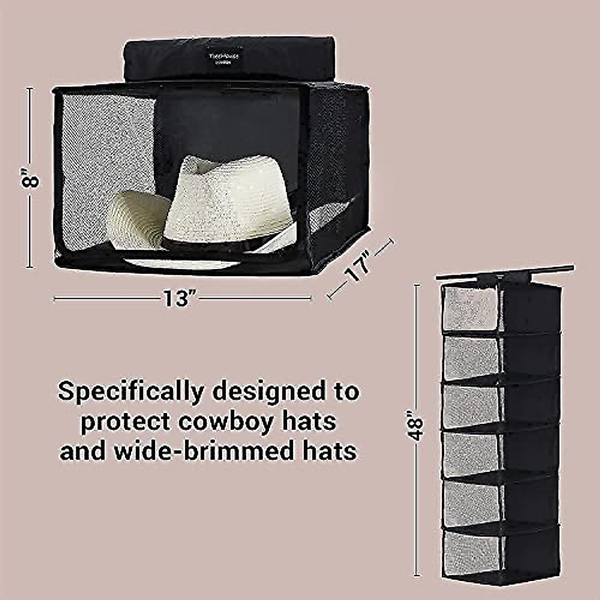 TreeHouse London Cowboy Hat Rack Storage with Dust Cover - XL 6 Shelf Hanging Hat Organizer for Men and Womens Closets - Wardrobe Hanging Cowboy Cap Hat Holder for Wide Brimmed Hats