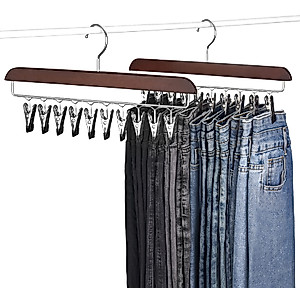 Mkono Legging Organizer for Closet, Set of 2 Yoga Pants Hangers with 20 Rubber Coated Clips 360° Swivel Hook Space Saving Rustic Wood Hanging Closet Organizers and Storage