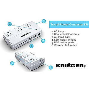 K KRIËGER Universal Travel Adapter, Step Down Transformer 200 Watt Capacity, International Power Adaptor w/ 4 USB Ports 6A Total Charging, 3 AC Outlets for USA EU UK AUS Worldwide Plug Adapter