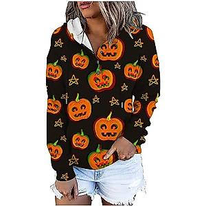 iHPH7 Women's Casual Hoodies Button Pullover Drawstring Long Sleeve Sweatshirts Halloween Ghost Print Pumpkin Pockets Blouses