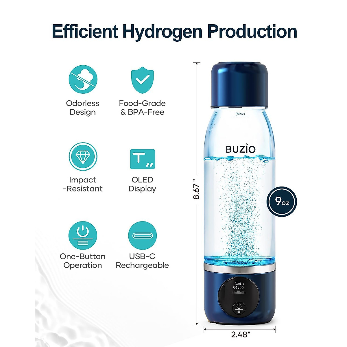 Hydrogen Water Bottle, BUZIO 3000ppb Hydrogen Water Bottle Generator Machine with Gen5 Technology Real Pure Hydrogen Concentration Alkaline Water bottle for Fitness, with Dupont Membrane, OLED Display