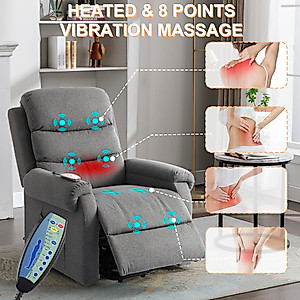 URRED Power Lift Recliner Chair Sofa with Vibration Massage and Lumbar Heat, Designed for Elderly, Infinite Positions, Lumbar Pillow, Side Pockets, USB Ports (Gray)