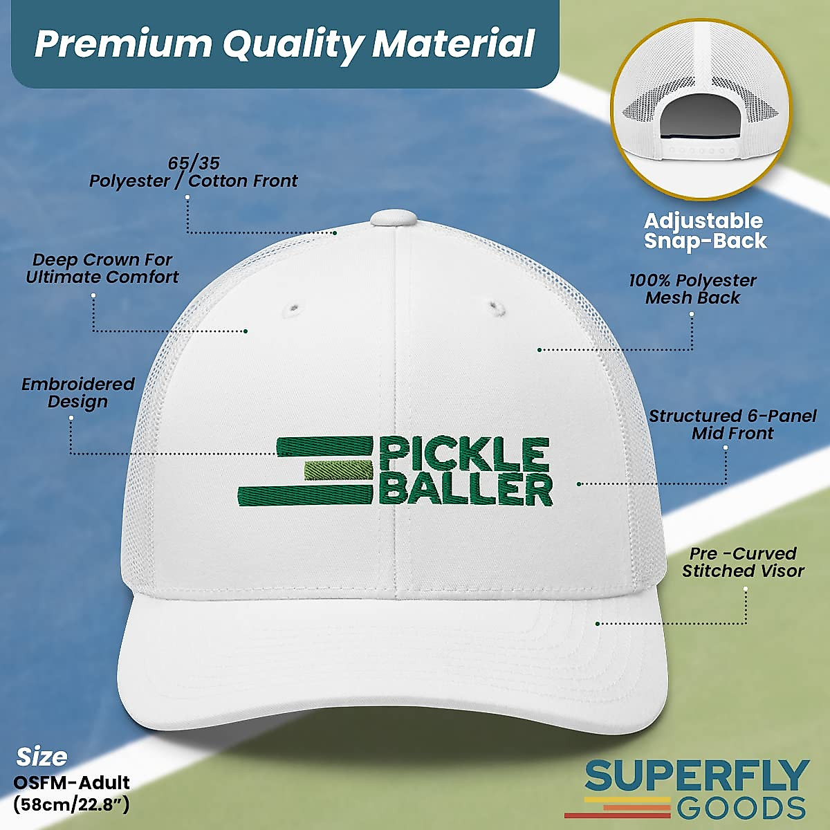 Super Fly Goods Retro Pickleball Hat Pickleball Gifts Pickleball Accessories Pickle Ball Hats for Men and Women (White Trucker Hat)
