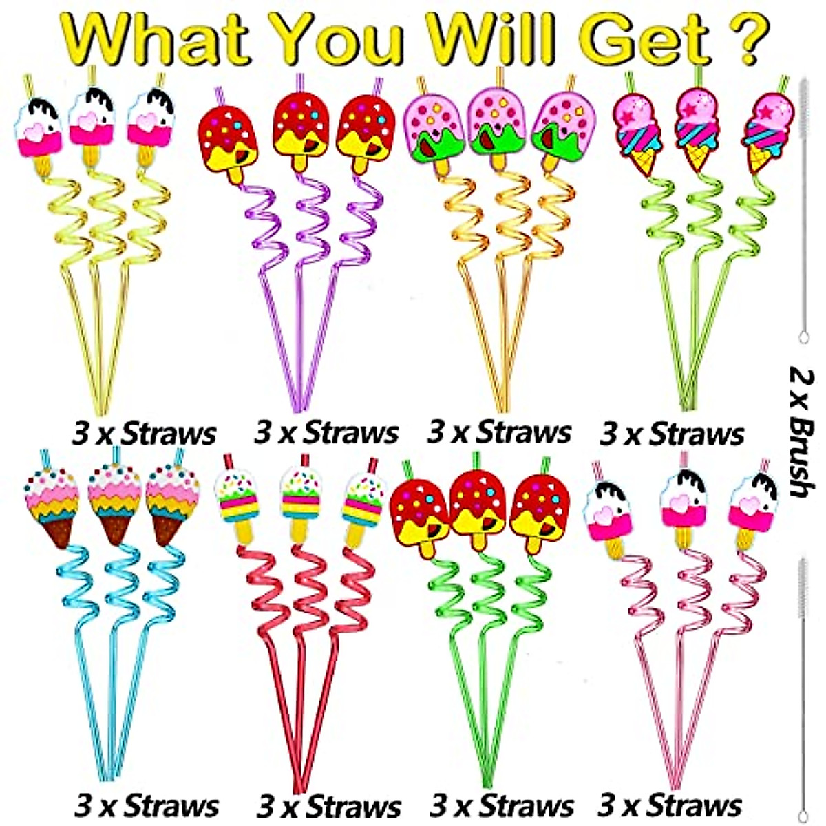 24 Reusable Crazy Shapes Ice Cream Straws, Drink Cocktail Straws for Birthday Party Supplies Party Favors with 2 Cleaning Brushes 8 Color Straws