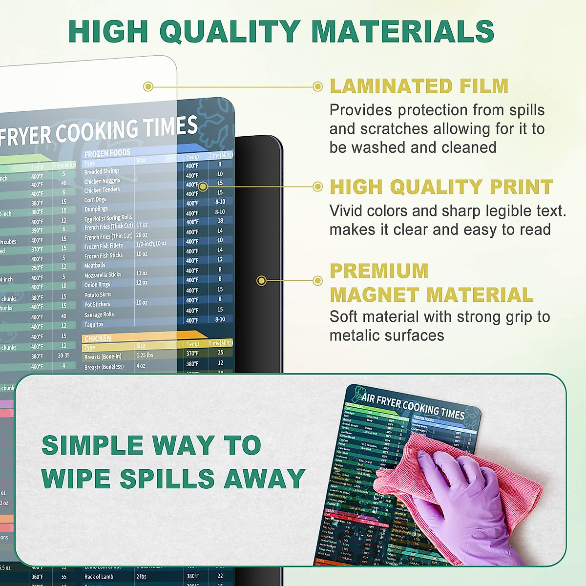 Air Fryer Magnetic Cheat Sheet Set, Cook Times Chart Air Fryer Accessories Magnet Sheet Quick Reference Guide for Cooking and Frying, Easy to Use, Excellent Kitchen Assistant