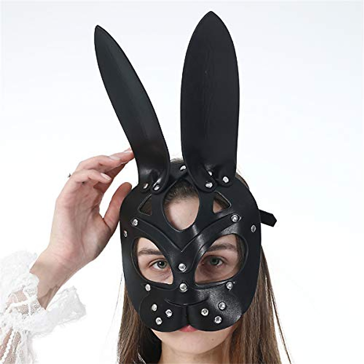 Mumbobyswim Women Leather Masks Bunny Mask Leather Cat Rabbit Mask Masquerade Party Mask Half Face Mask for Cosplay Halloween Easter Costume Props Accessory (EM-031)