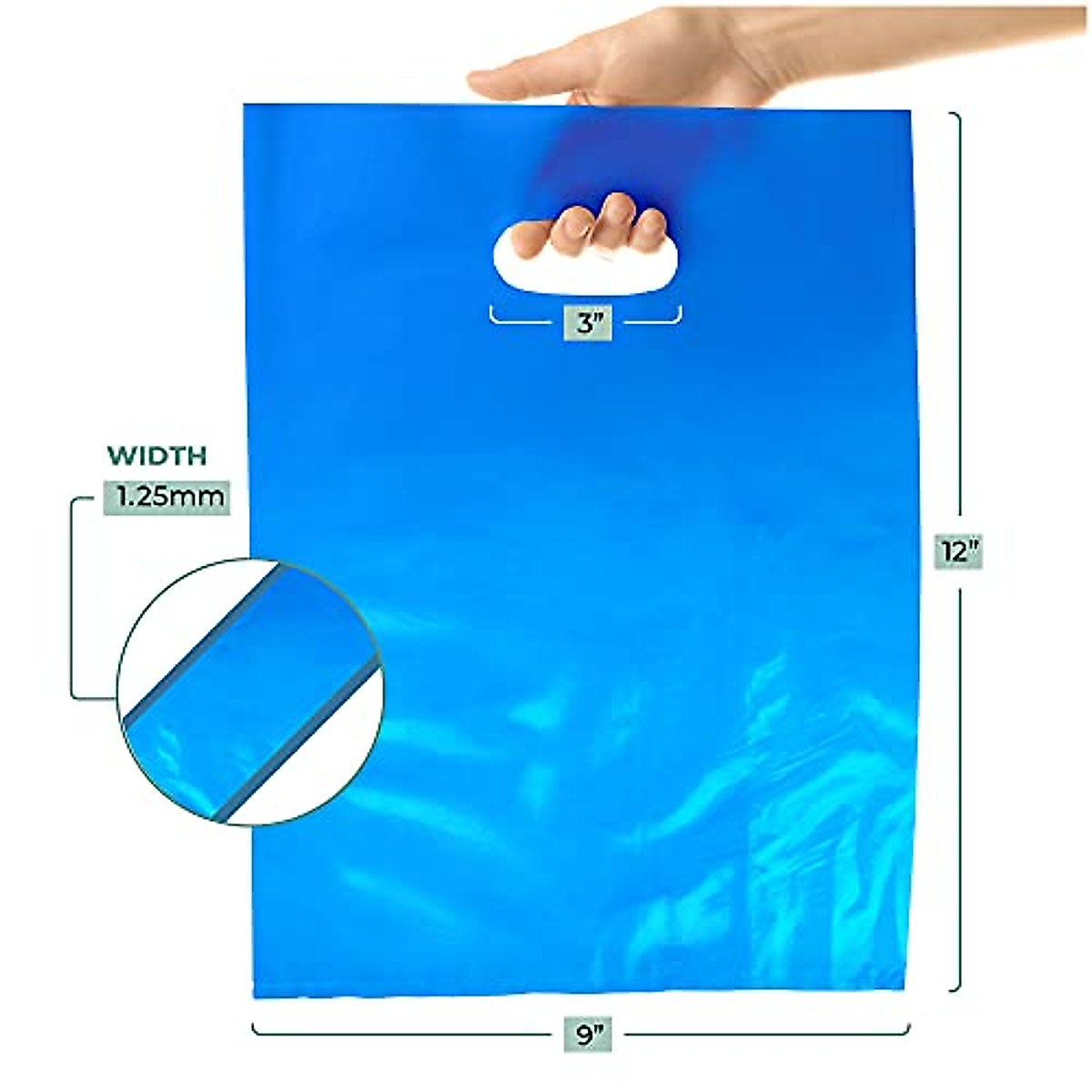 Blue Merchandise Plastic Shopping Bags - 100 Pack 9" x 12" with 1.25 mil Thick - Die Cut Handles - Perfect for Shopping, Party Favors, Birthdays, Children Parties - Color Blue - 100% Recyclable