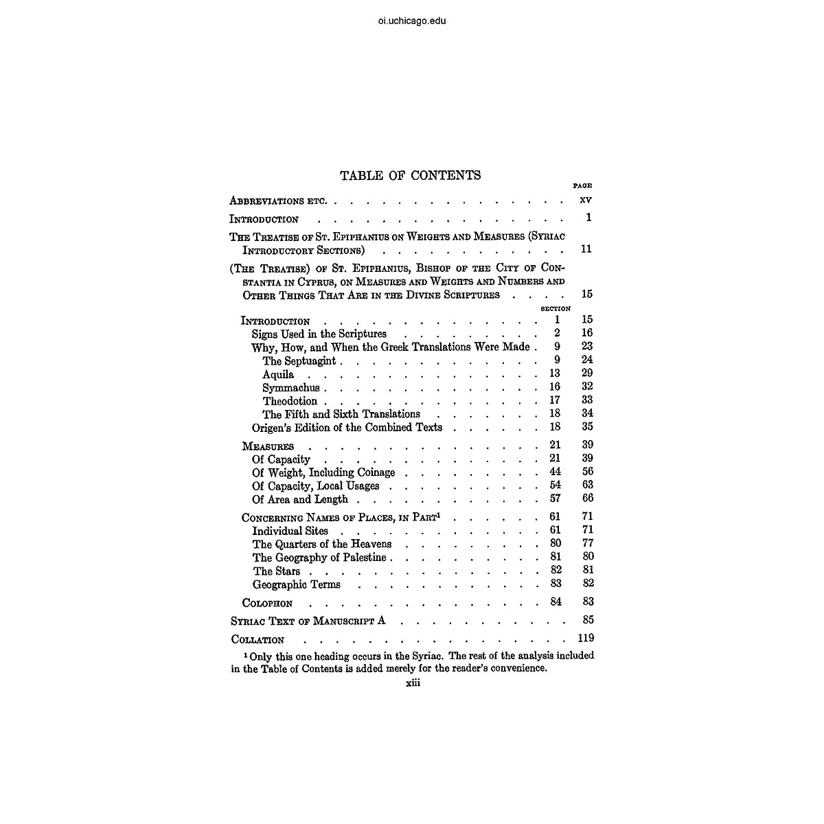 EPIPHANIUS' TREATISE ON WEIGHTS AND MEASURES, THE SYRIAC VERSION. STUDIES IN ANCIENT ORIENTAL CIVILIZATION NO. 11 [LARGER PRINT. ReImaged Loose Leaf Facsimile Edition.]