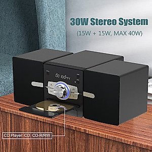 Micro CD Stereo Shelf System, 30W RMS Hi-Fi System with CD Player, Bluetooth, USB Playback, FM Radio, AUX-Input, 2-Way Music Crisp-Sound, DSP-Tech