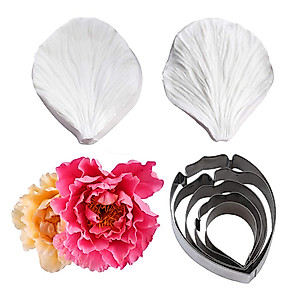 KALAIEN 5pcs Stainless Steel Peony Cutter 2pcs Fondant Silicone Mold Gumpaste Peony Sugarcraft Flower Veining Mold Veiner Petal Making Tool