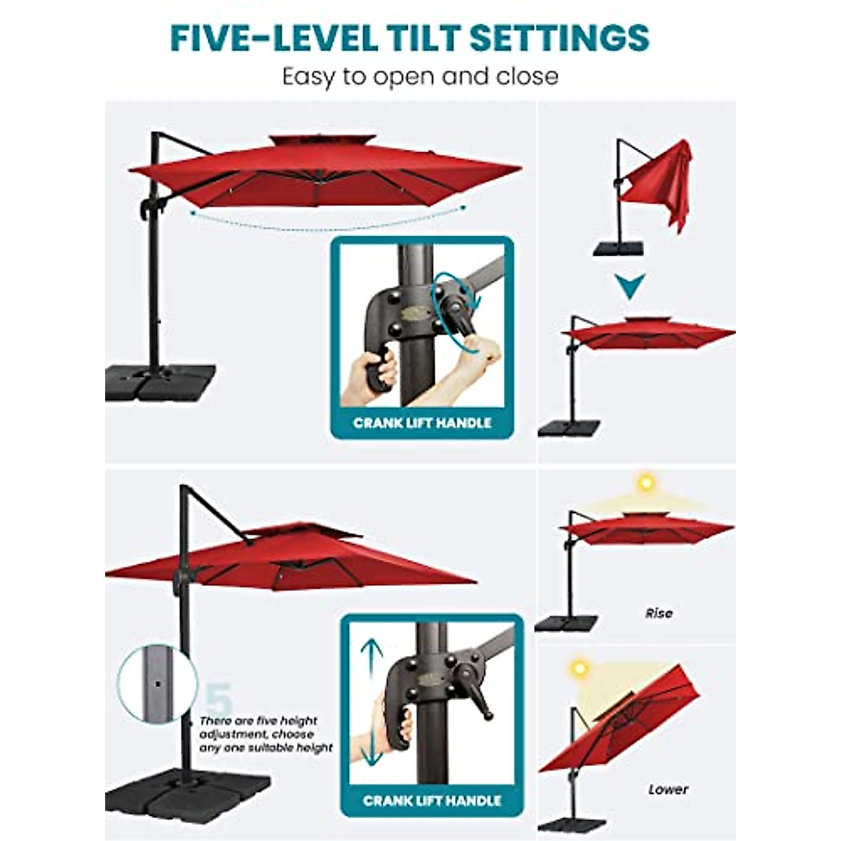 JEAREY 9FT Square Cantilever Patio Umbrella Double Top Roating Outdoor Offset Umbrella Heavy Duty Sun Umbrella for Patio Lawn Garden Backyard and Pool, RED