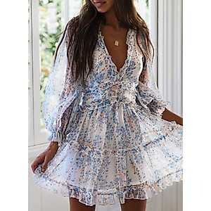 Dokotoo Womens Sun Casual V Neckline Long Sleeve Open Back Floral Print Mini Dress Bohemian Fashion Skater A Line Ruffle Hem Flowy Dresses White Large