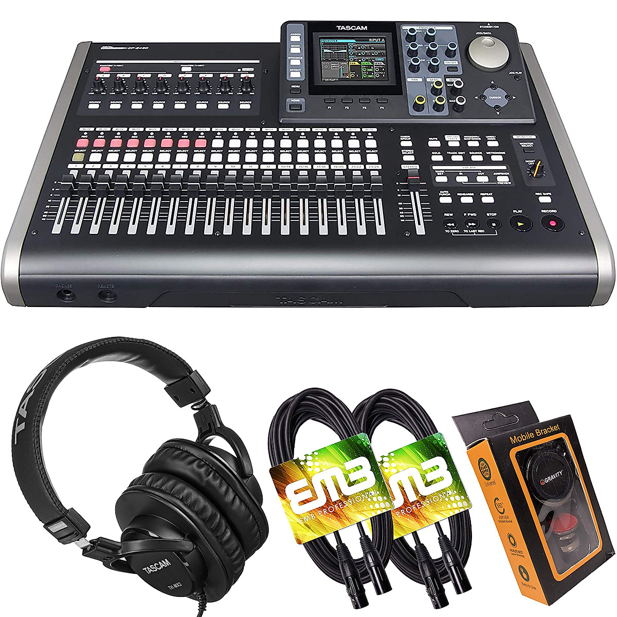 Tascam DP-24SD 24-Track Digital Portastudio Multi-Track Audio Recorder with Pro Headphone and Pair of EMB XLR Cables and Gravity Magnet Phone Holder Bundle