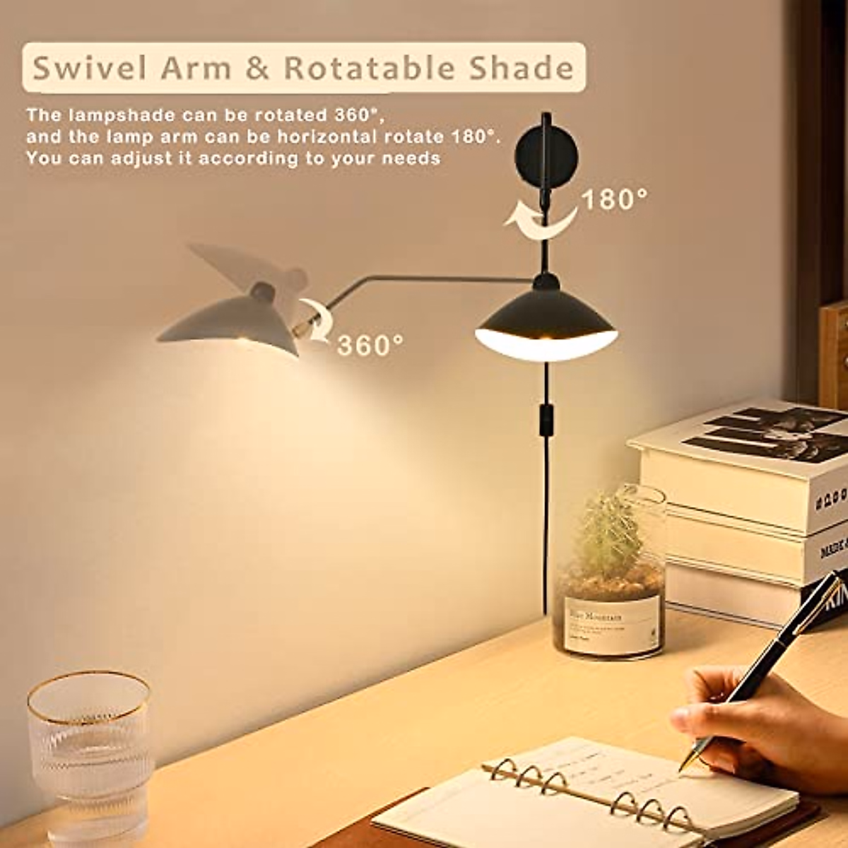 Modern Wall Sconce Plug in or Hardwired Adjustable Swing Arm Vintage Wall Lamp,Mid-Century Black Wall Lights Rotatable for Bedside Living Room,Brass and Black Finish (2 Pack) (1 Light)