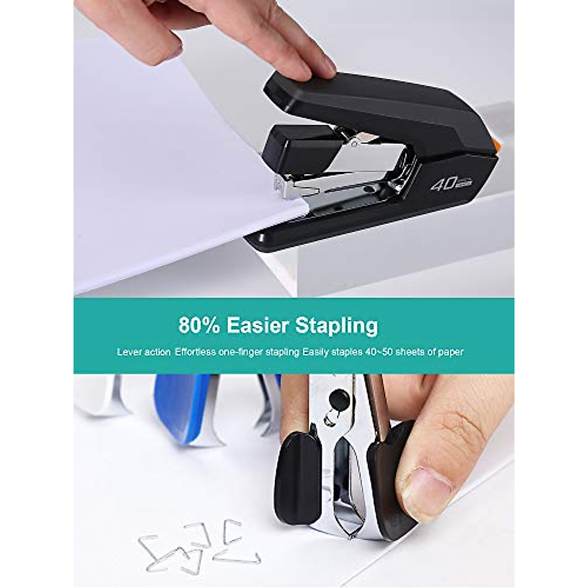 Deli Effortless Desktop Stapler, 40-50 Sheet Capacity, One Finger Touch Stapling, Easy to Load Ergonomic Heavy Duty Stapler, Includes 1500 Staples and Staple Remover
