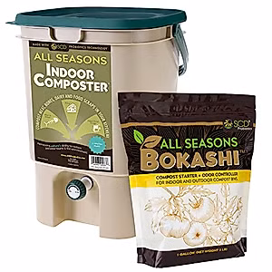 All Seasons Indoor Composter Starter Kit – 5 Gallon Tan Compost Bin For Kitchen Countertop With Lid, Spigot & 1 Gallon (2 lbs.) Bag Of Dry Bokashi Bran – by SCD Probiotics