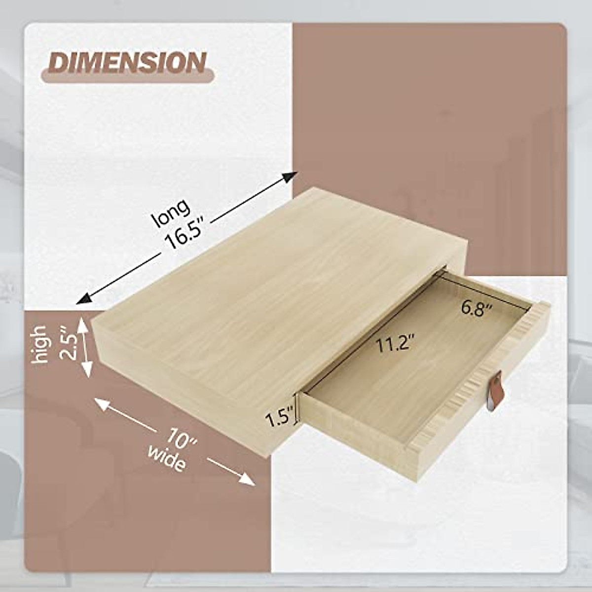 Floating Shelf with Drawer, Floating Nightstand for Bedroom - 16” Wall Mounted Shelf Storage for Living Room, Bedroom, Office Floating Bedside Table (Natural)