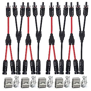 ALAMSCN 4 Pairs Solar Connector Y Branch Parallel Adapter Cable Wire Plug 2 to 1 Male Female Connectors (M/FF, F/MM) for Solar Panel with PV Cable Clips