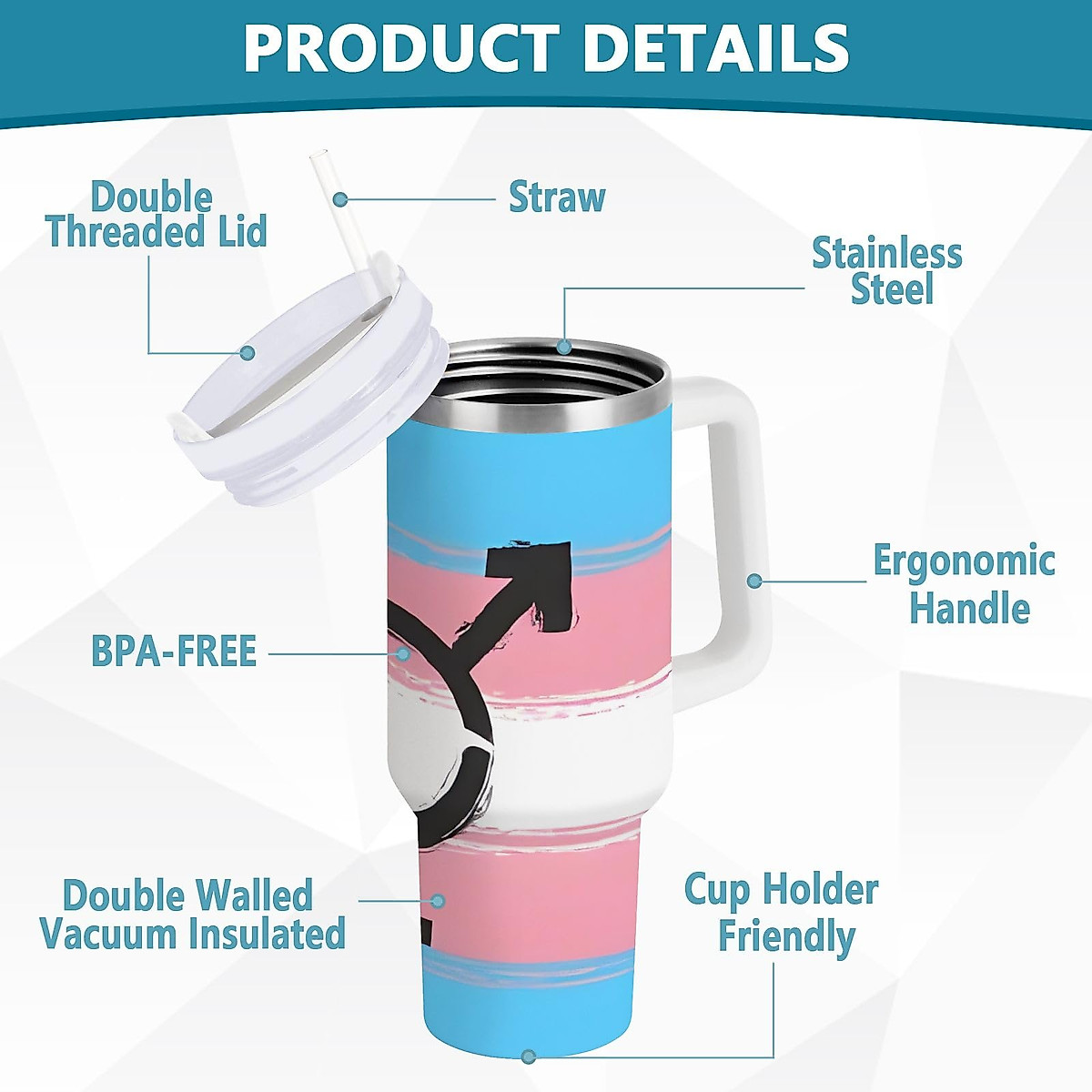 Transgender Transsexual Pride Steel Insulated Tumbler with Lid and Straw for Water, Insulated Tumbler Cup 40 OZ / 1.18 L