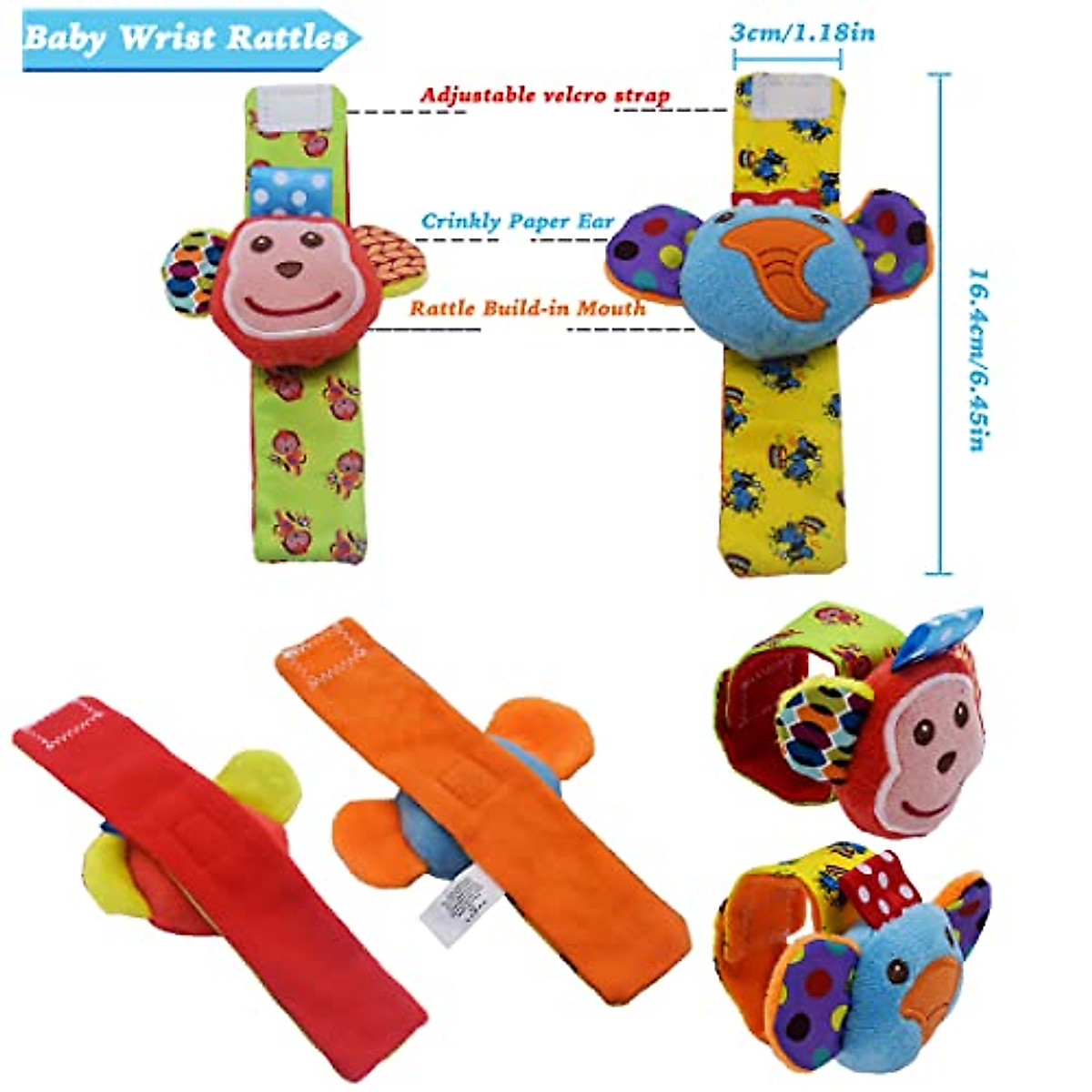 Baby Plush Rattles Toys 0-3-6-12 Months, Soft Hand Grip Toys with Teether, Elephant & Monkey Wrist Rattles for Infant Boy or Girl