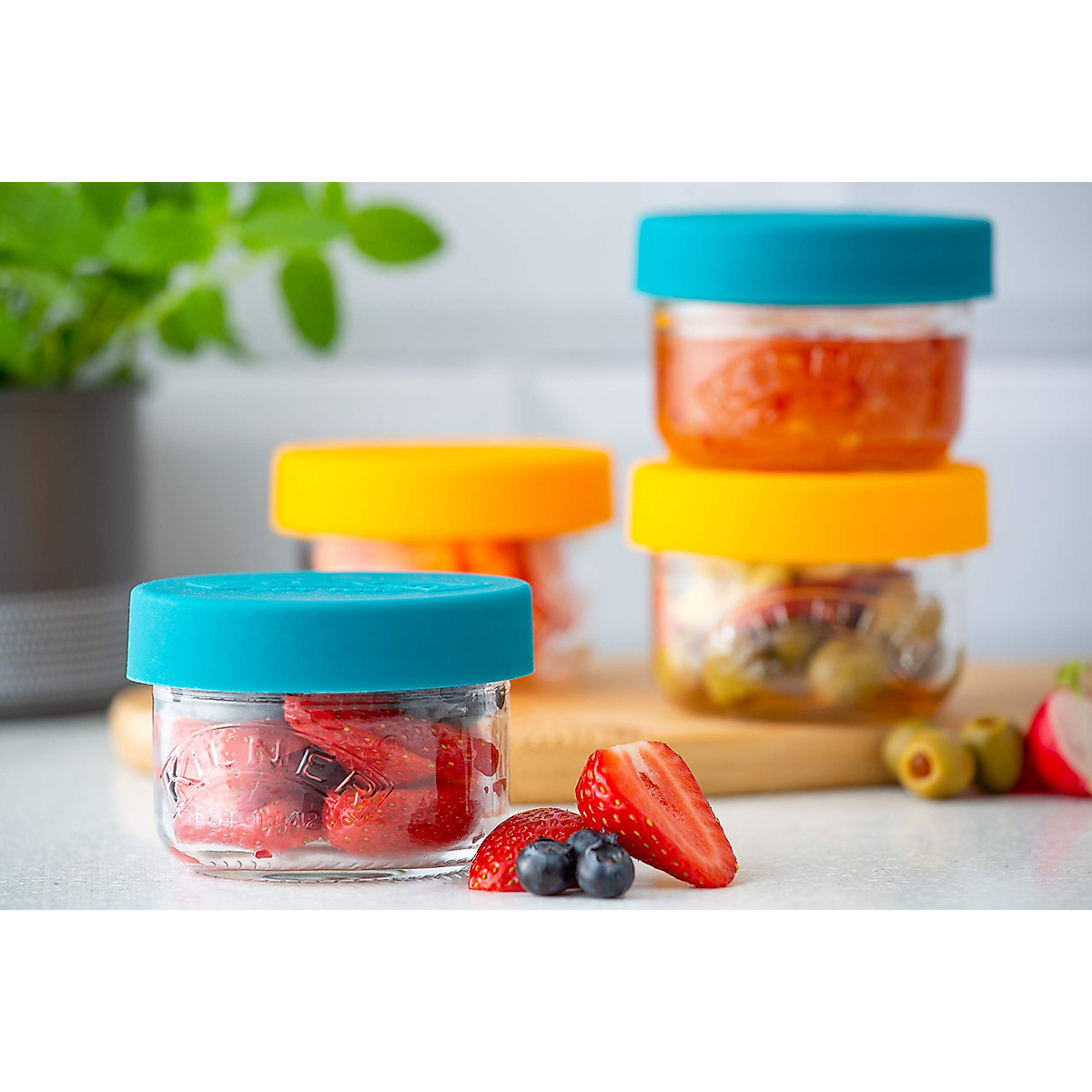 Kilner 0.125L Set of 2 Glass Store Pots 125ml with Push Top Silicone Lids | Perfect for Snacks & Food Storage, Clear, Blue and Yellow