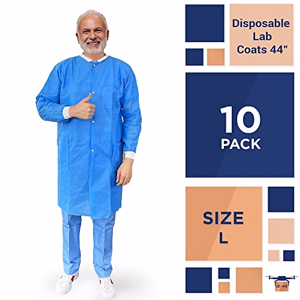 EZGOODZ Blue Disposable Lab Coats for Adults, Large. Pack of 10 SMS Disposable Coats Medical with Snaps, Knit Cuffs, Collar, 3 Pockets. Waterproof and Breathable 40 GSM Painting Lab Coats