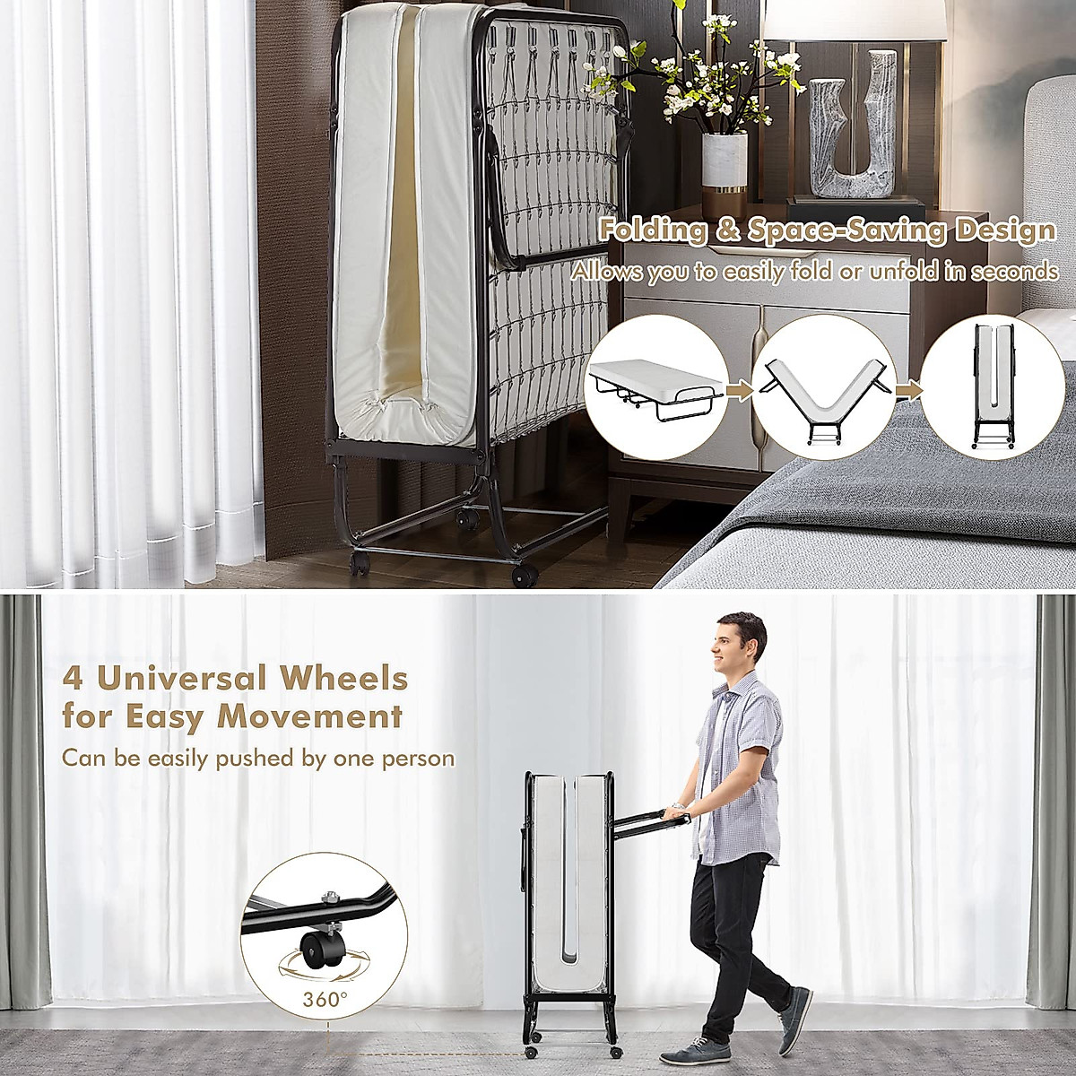 HAPPYGRILL Folding Bed with Mattress for Adults, Rollaway Bed W/Memory Foam Mattress, 4 Universal Wheels, Sturdy Steel Frame, Potable Fold Up Bed for Living Home Bed Room Office,Made in Italy