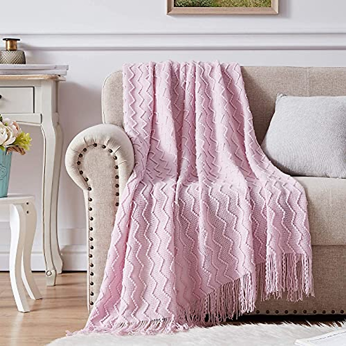 NexHome Throw Blankets for Couch Purple Pink Decorative Knit Blanket with Tassel Fringe Soft Lightweight Zigzag Textured Boho Throws (50"x60" Light Lilac)