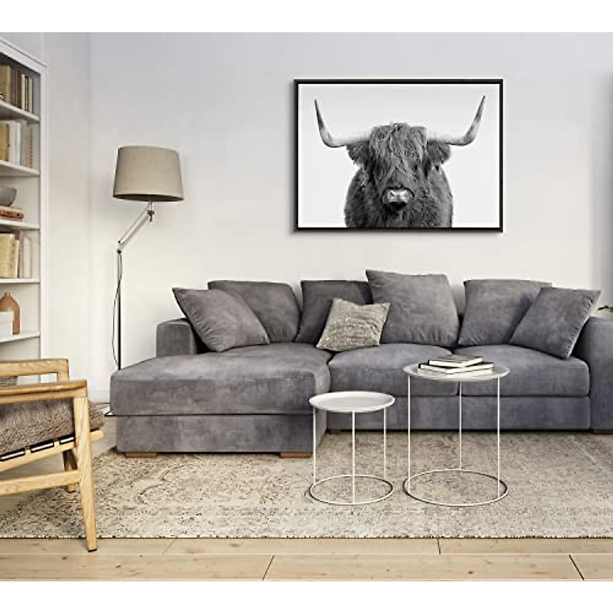 Kate and Laurel Sylvie B&W Highland Cow No. 1 Portrait Framed Canvas Wall Art By Amy Peterson Art Studio, 28x38 Gray, Rustic Farm Animal Art For Wall