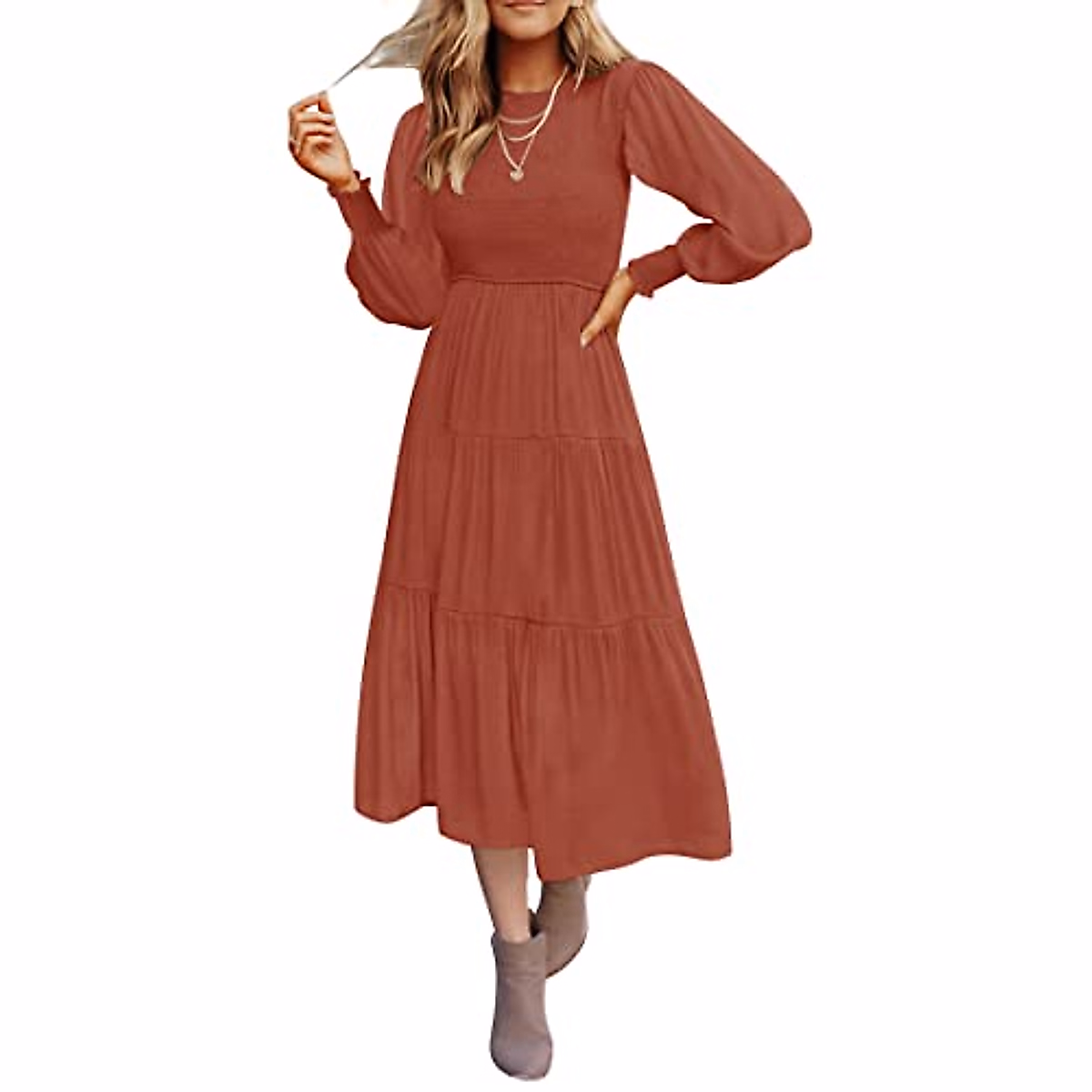 ZESICA Women's 2023 Casual Long Sleeve Crew Neck High Waist Smocked Flowy Tiered Midi Dress,Rust,Medium
