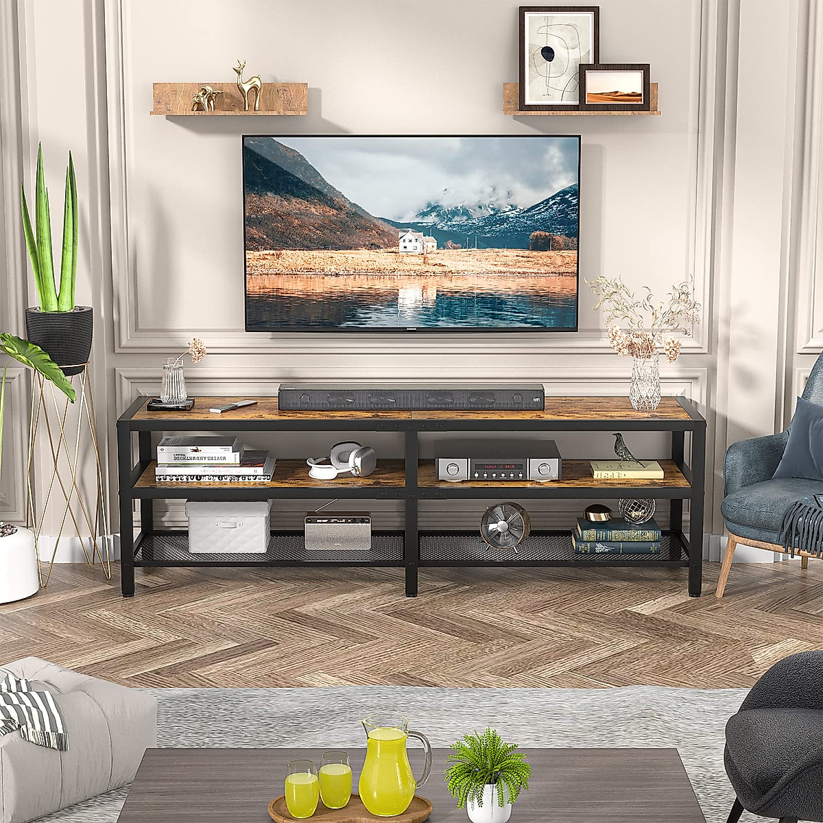 Unikito TV Stand for 75 80 inch TV, Two-color Industrial Entertainment Center TV Console, Long 70" TV Table with 3 Tiers Open Storage Shelves for Living Room Bedroom, Rustic Brown and Gray Oak