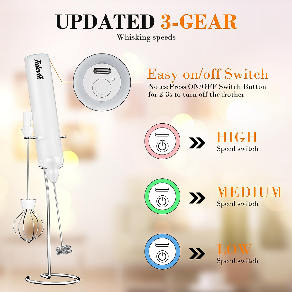 Tulevik Milk Frother Handheld, Electric Frother Wand With Stand, Coffee Frother With USB Rechargeable 3 Speeds, Mini Frother for Coffee Latte, Cappuccino, Hot Chocolate, Matcha, Egg - White