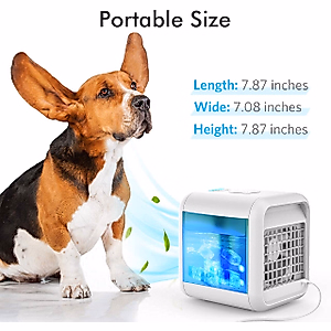 Portable Air Conditioner Fan, Personal Air Cooler with Icebox, USB Desk Fan with 3 Speeds, Evaporative Air Cooler for Home, Office & Outdoor Use, Air Humidifier, USB Charging, 7 Light Colors, Quiet