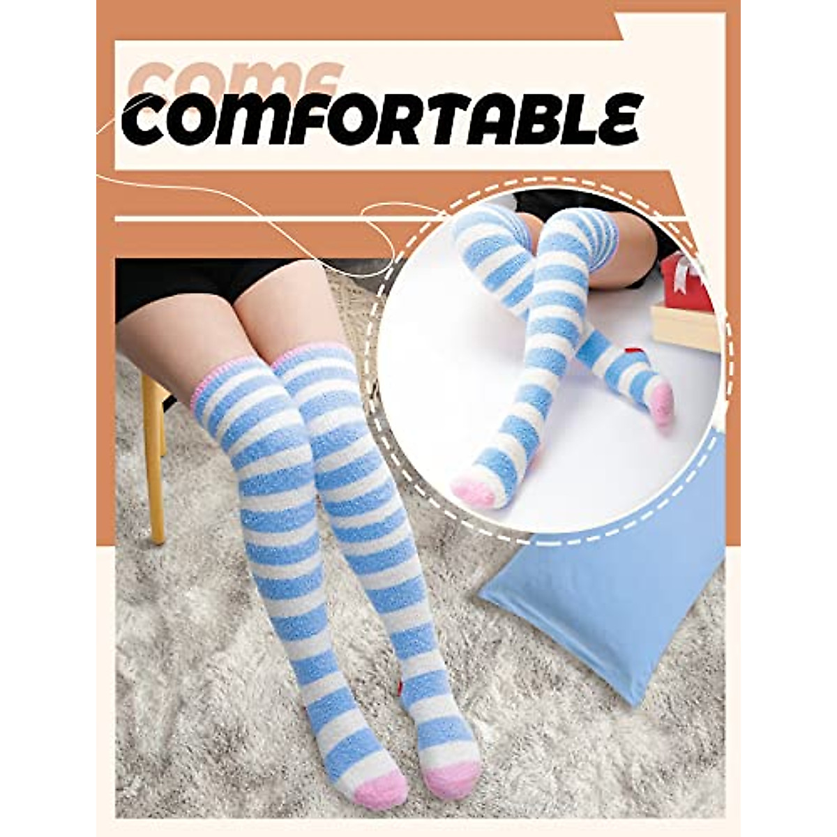 MOGGEI Womens Thigh High Fuzzy Socks Over Knee High Striped Stocking Stuffers Fluffy Cozy Slipper Fleece Gift Socks 2 Pairs (Blue & White Striped)