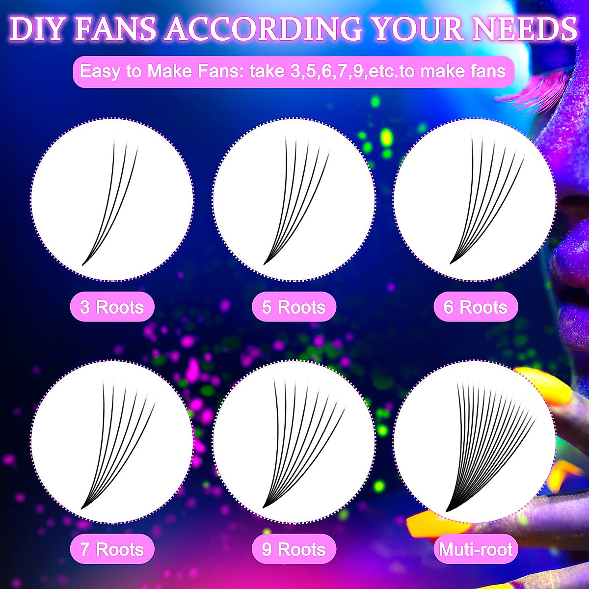 Halloween Neon Color Eyelash Extensions Halloween Party Makeup Eyelashes UV Curl Mix Colored Lash Extension Glow in The Dark Lash Extensions, Mix Color (Multicolored,15-20 mm)