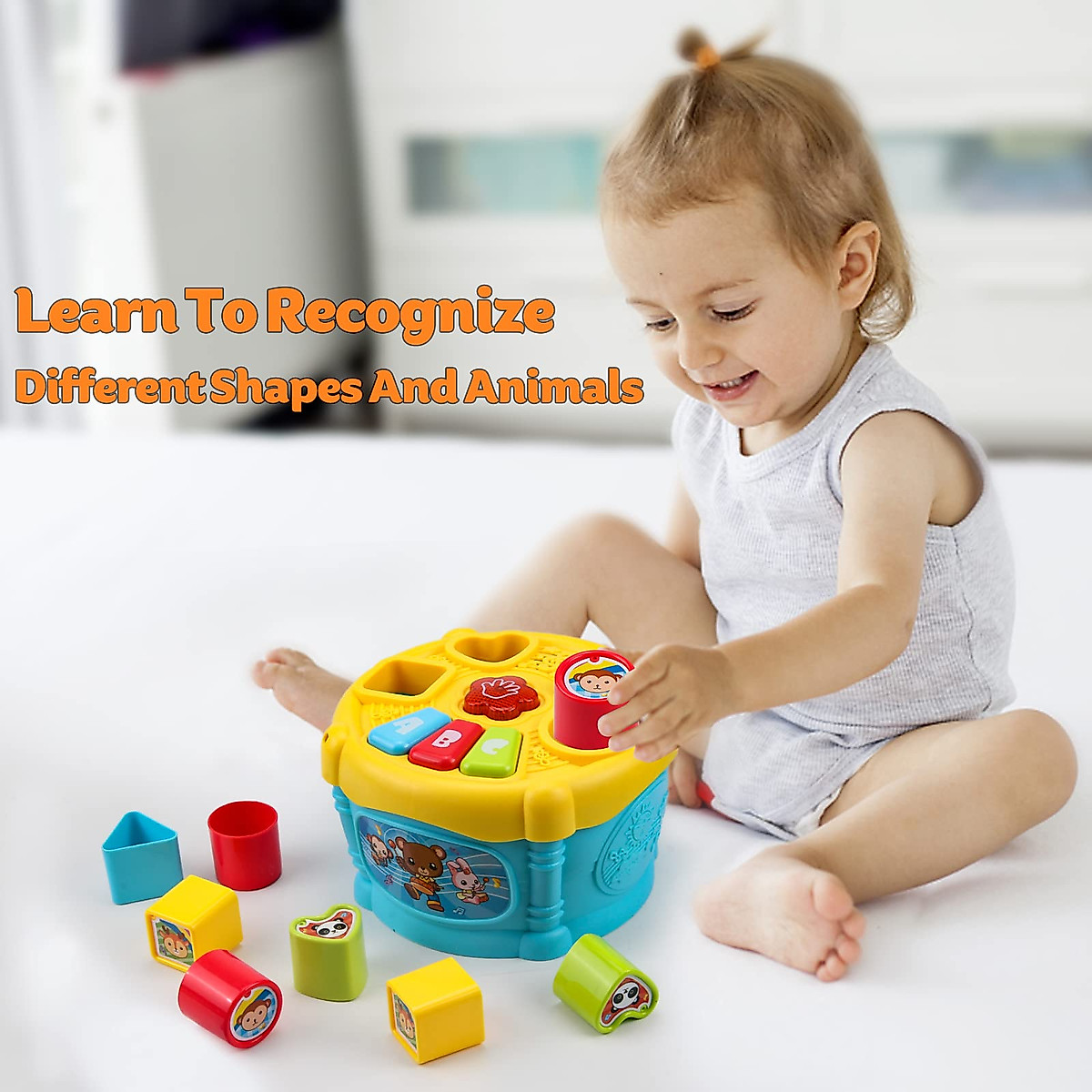 Rhybor Shape Sorter Musical Toys, Baby Music Sort and Discover Drum for Toddlers 1-3, Learning Educational Montessori Toys with 4 Shapes 8 Sorting Cube