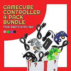 EVORETRO Gamecube Controller Compatible for Switch, wii Console and PC Games - 4 Pack Bundle with 4 Extension Cords and a 4-Port Adapter