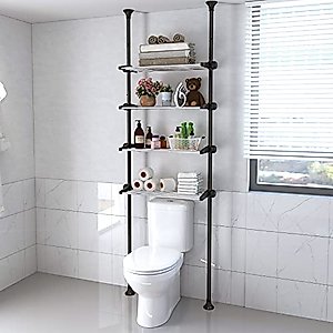 Lilyvane 4 Tiers Over The Toilet Storage, 97 to116” Adjustable Tension Pole Over Toilet Bathroom Organizer, Freestanding Bathroom Shelves Over Toilet for Most Showers Over The Toilet Shelf, Black