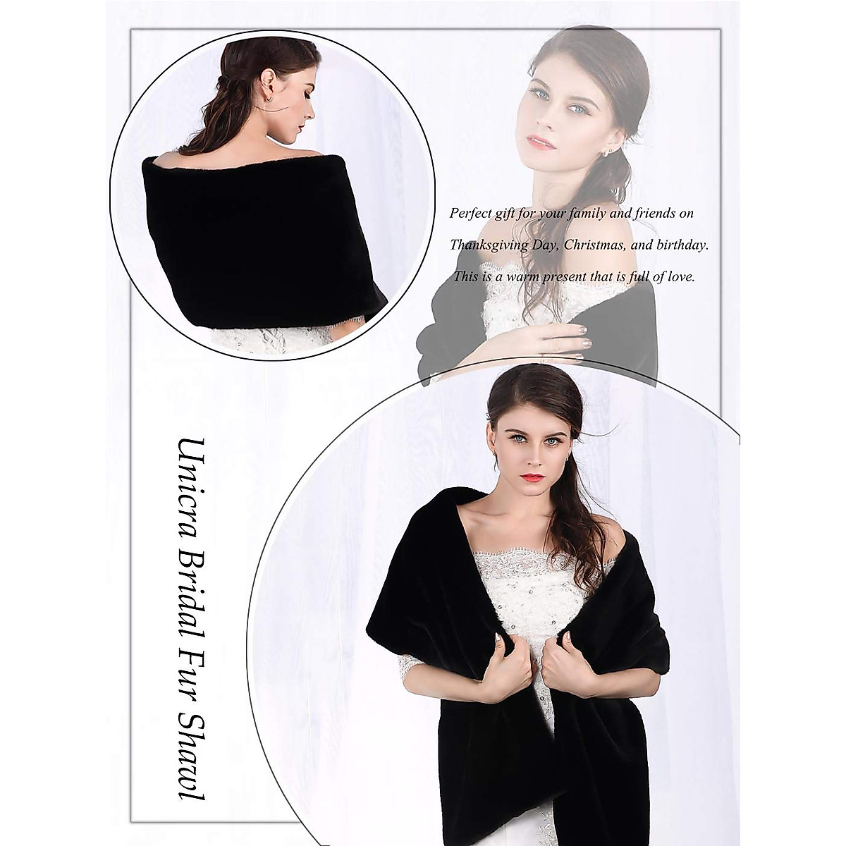 Unicra Women's Wedding Faux Fur Shawls and Wraps Bridal Fur Scarf Stoles with Rhinestones Brooch for Bride and Bridesmaids