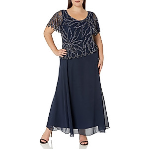 J Kara Women's Plus Size Beaded Short Sleeve Long Gown, Navy/Mercury, 18W