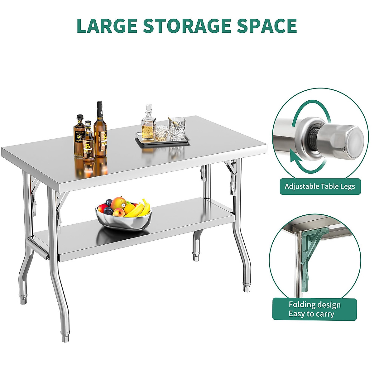 YITAHOME 48" X 24" Stainless Steel Folding Table, NSF Folding Prep Table with Undershelf, Foldable Stainless Steel Table for Home Kitchen Restaurant Garage Warehouse Patio