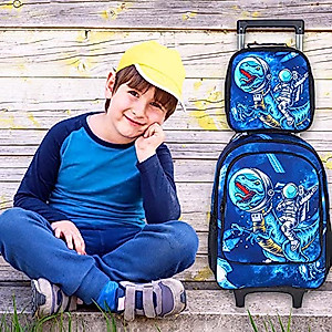 KLFVB Rolling Backpack for Boys, Kids Roller Wheels School Bookbag with Lunch Bag, Wheeled School Bag for Children - Dinosaur
