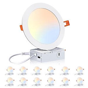 CLOUDY BAY 12 Pack 6 Inch 5CCT Ultra-Thin LED Recessed Ceiling Light with Junction Box,2700K/3000K/3500K/4000K/5000K Selectable,15W Dimmable Canless Downlight,1000LM High Brightness