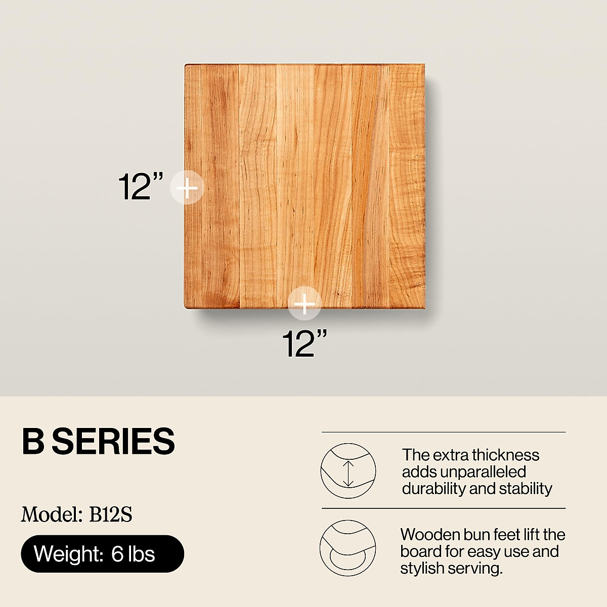John Boos Block B12S Maple Wood Edge Grain Cutting Board with Feet, 12 Inches Square, 1.5 Inches Thick